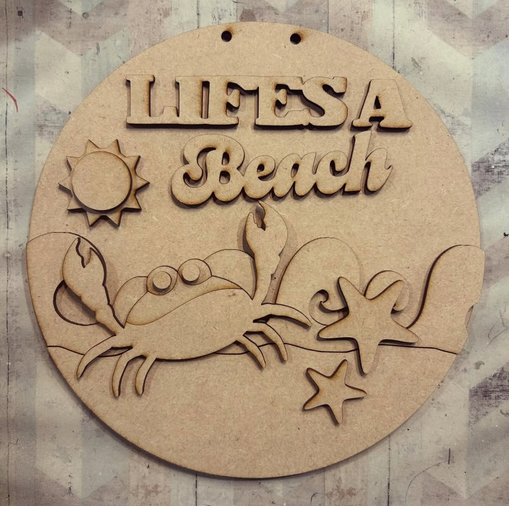 NO534 - MDF Large Round Lifes a Beach Crab Plaque – Olifantjie